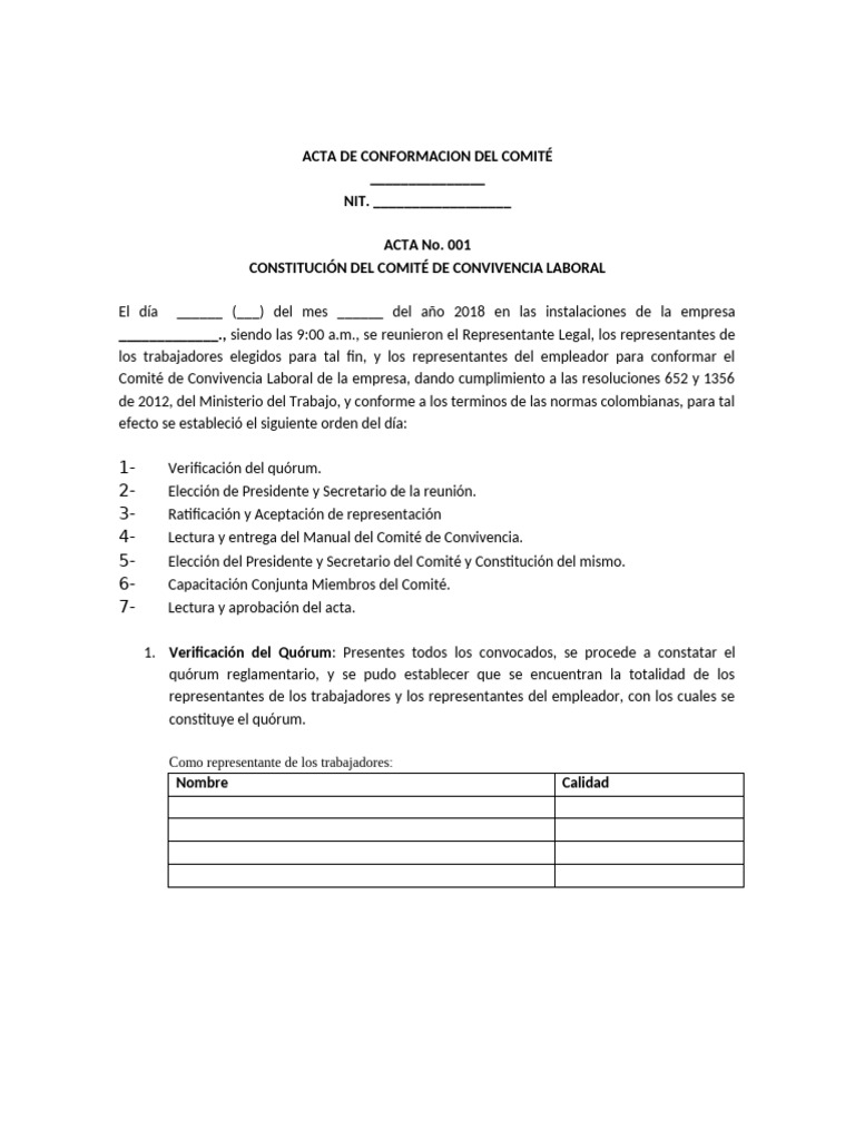 ACTA DE CONSTITUCION COMITE DE CONVIVENCIA (2) | PDF | Derecho laboral | Gobierno