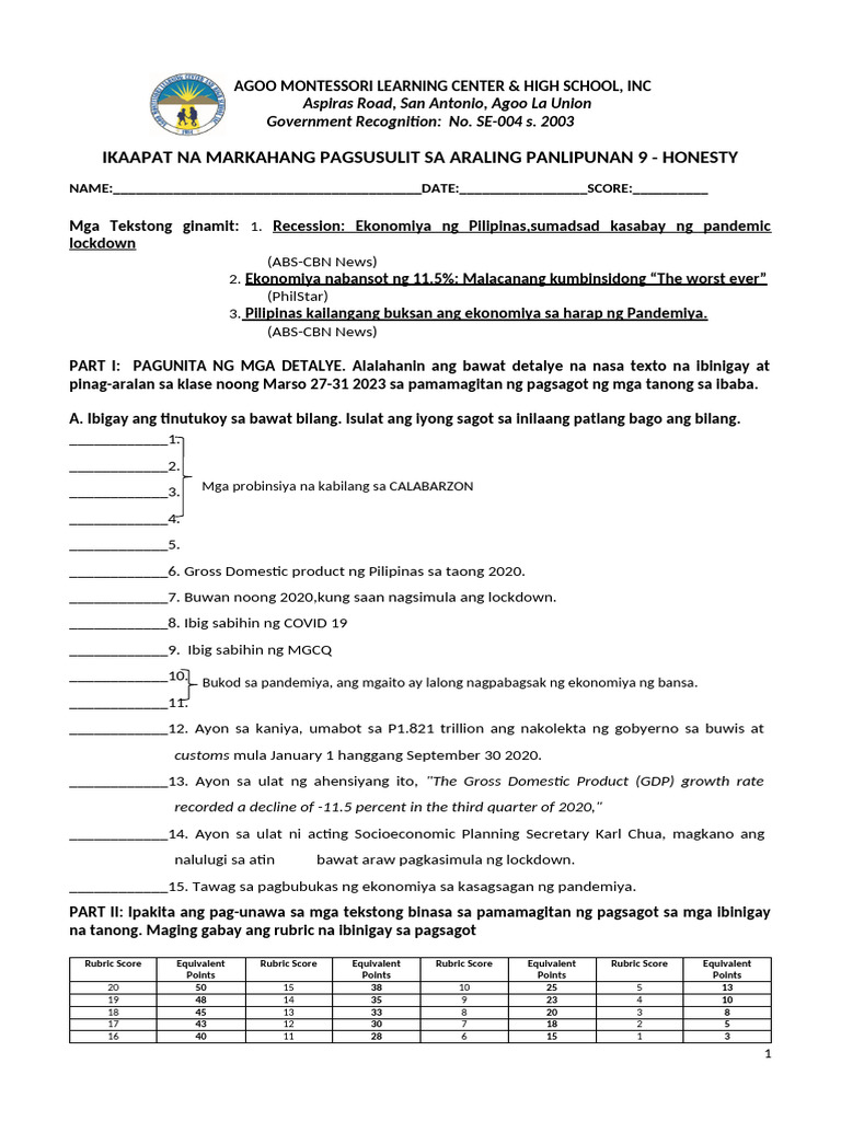 Quarter-Test Paper Grade 9 2022-2023 | PDF