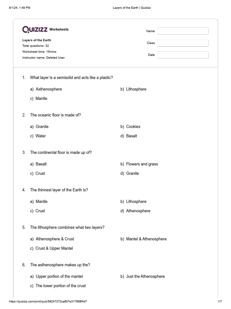 Layers of the Earth Quiz | PDF | Earth | Terrestrial Planets