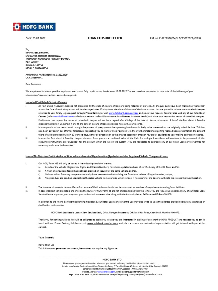 Auto Loan Closure Confirmation Letter | PDF | Cheque | Personal Finance