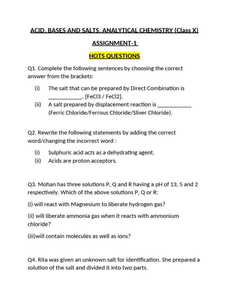 Acid Bases and Salts Assignment | PDF | Salt (Chemistry) | Ion