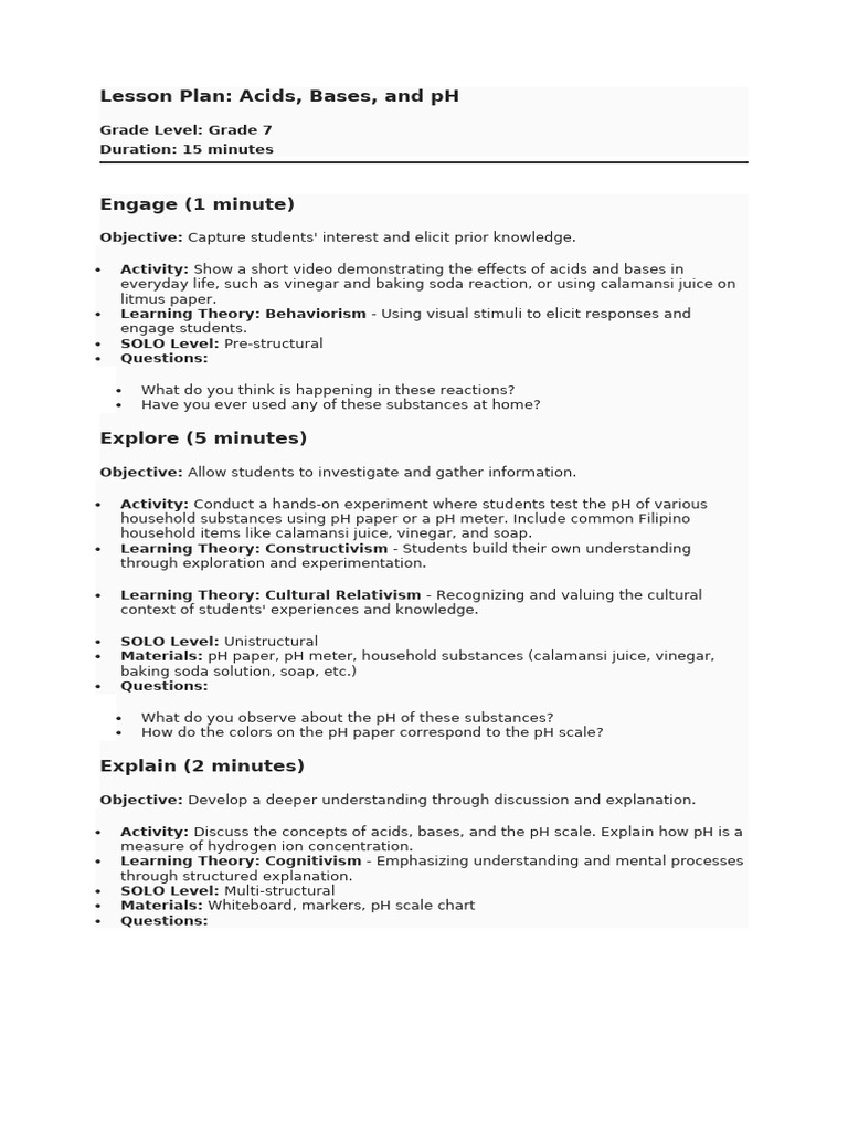 Semi-Detailed Lesson Plan in Acids, Bases | PDF | Ph | Learning Theory ...