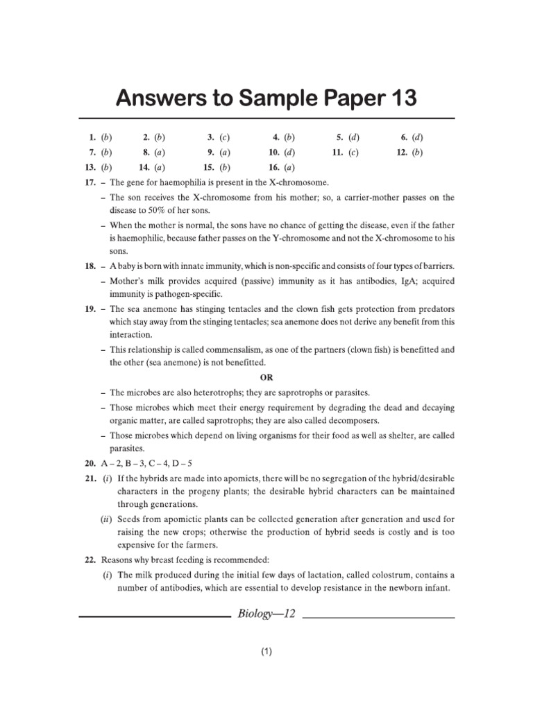 Cbse cl12 Ead Biology Answers To Paper 13 | PDF