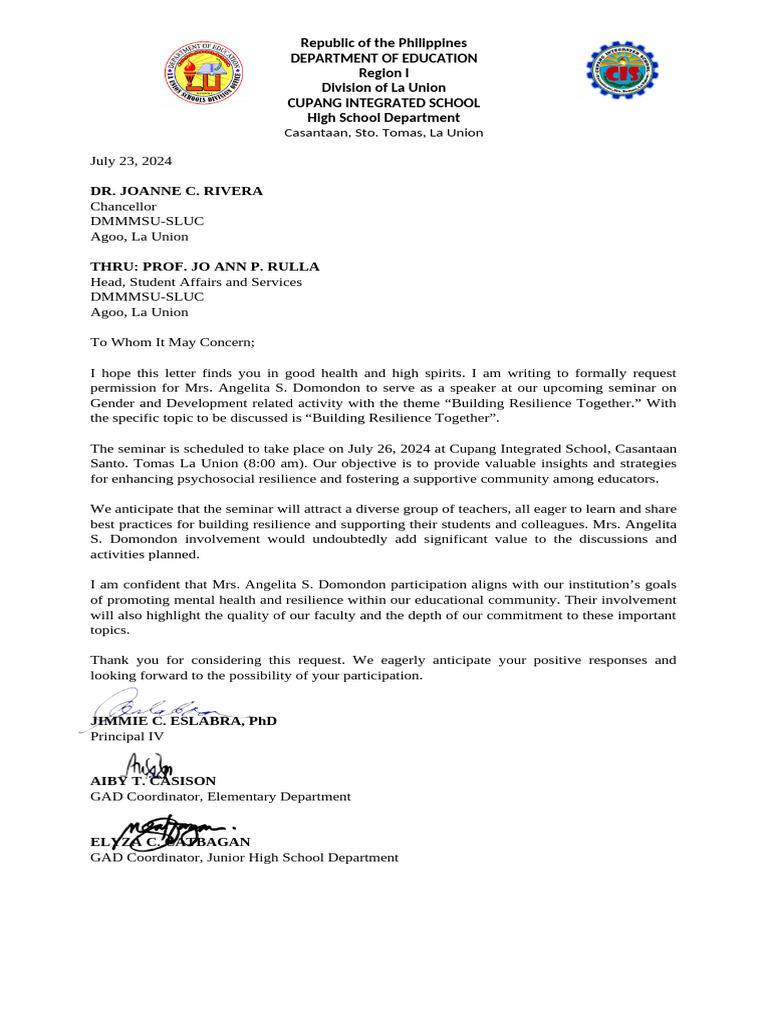 Angelita Domondon-Permission Letter | PDF
