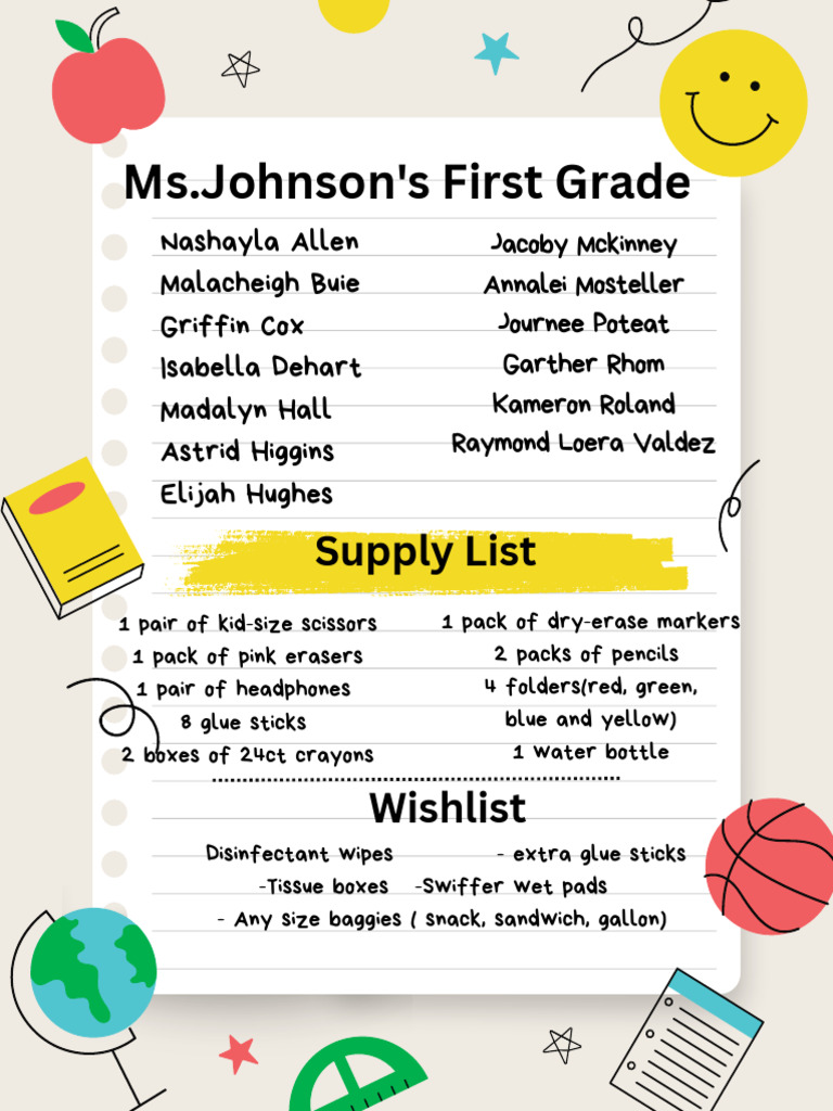 Ms - Johnson's First Grade Supply and Roster PDF | PDF