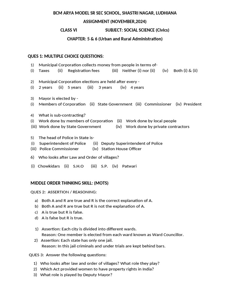 632-C-33005-Class6 Civics Assignment-1 (Nov) | PDF | Government