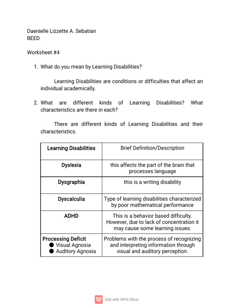 dlas, worksheet #4 LD & ID | PDF | Intellectual Disability | Learning ...