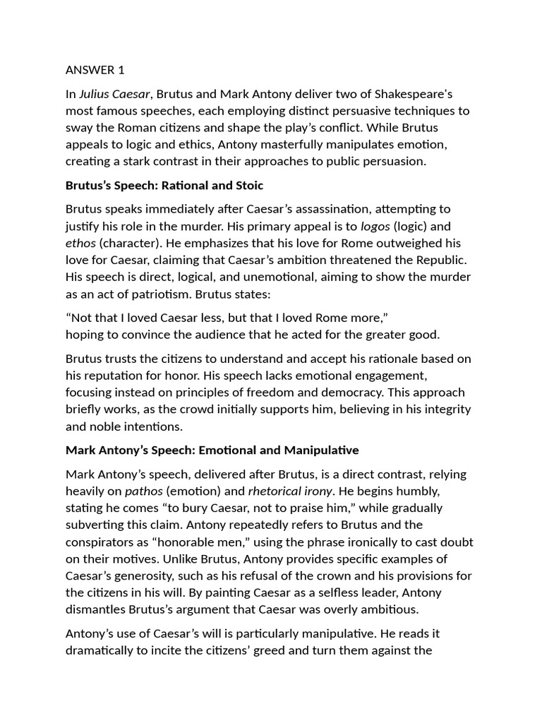 Brutus vs. Antony: Persuasion in Julius Caesar | PDF | Julius Caesar ...