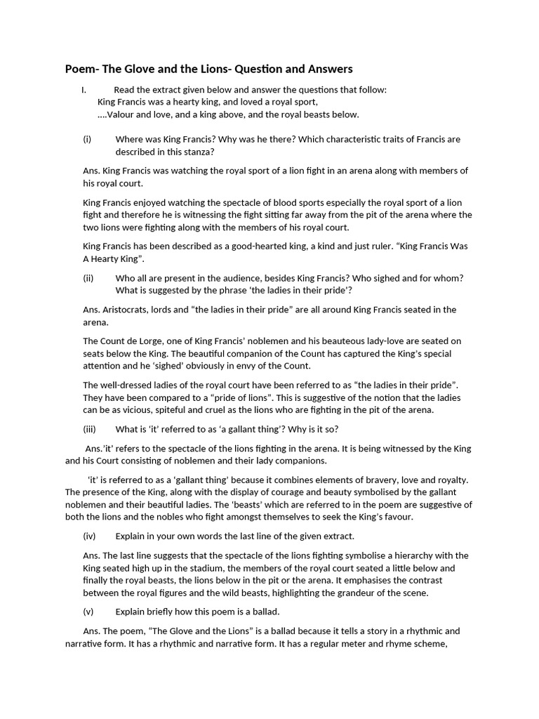 The Glove and the Lions Q and Answers- Final | PDF