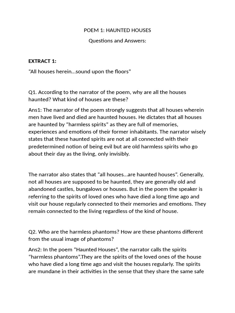 Haunted Houses: Poem Q&A Guide | PDF | Ghosts | Pleasure