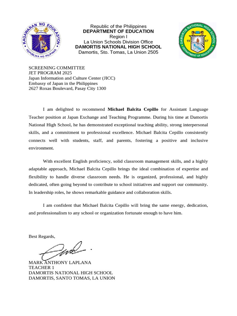 Letter of Rec. Mark Laplana | PDF