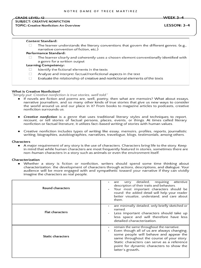 Crenon Q3 Week 3 4 Lesson 3 4 | PDF | Creative Nonfiction | Narration