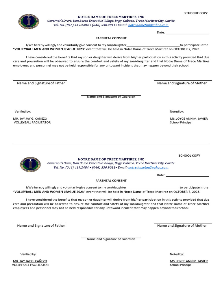 Parental Consent for Volleyball League 2023 | PDF