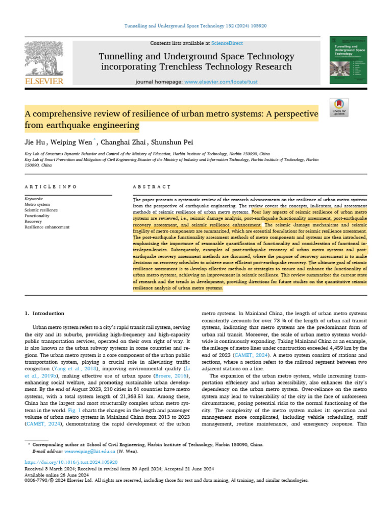 Comprehensive Review Of Resilience Of Urban Metro Systems A Perspective From Earthquake