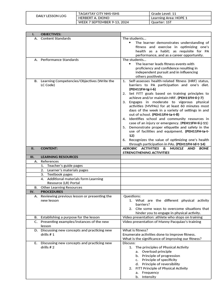 DLL P.E. 11 Week 7 - Diokno | PDF | Educational Assessment | Teachers