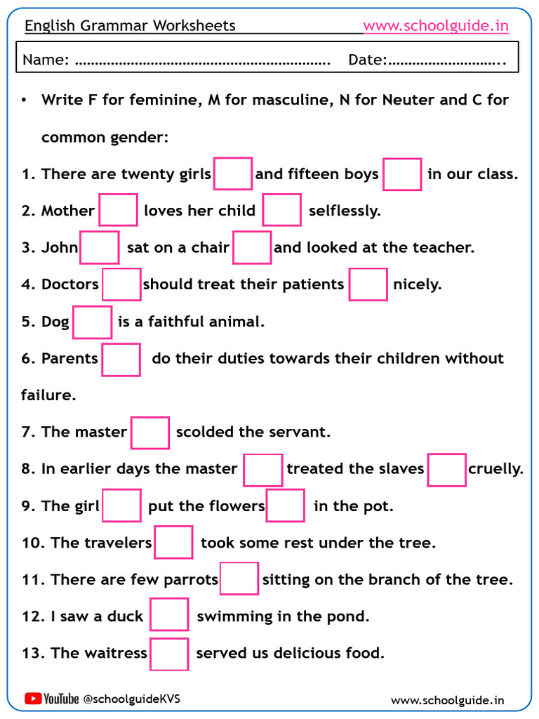 Noun Gender Worksheet 9 | PDF