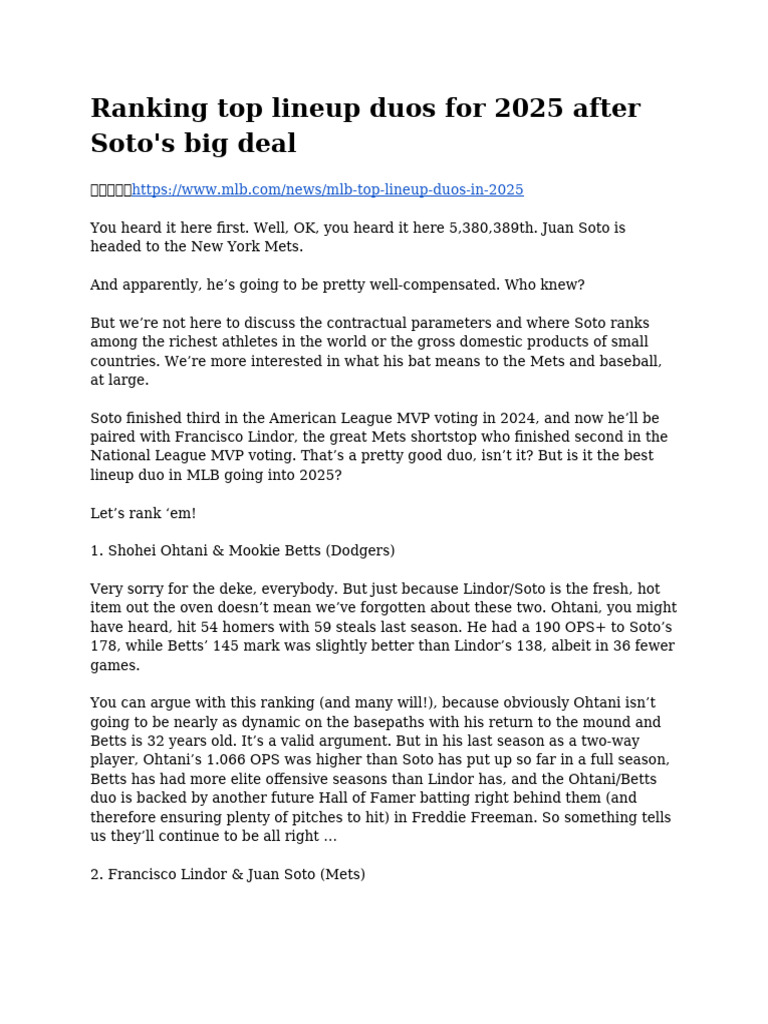 Ranking top lineup duos for 2025 after Soto's big deal | PDF | Home Run ...