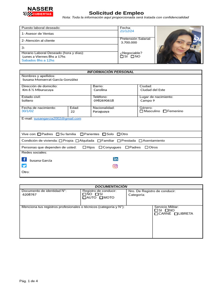 Solicitud de Empleo: Susana García | PDF | Business