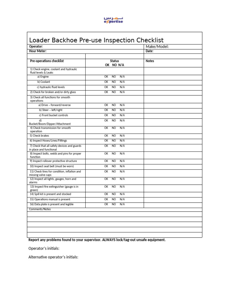 Loader Backhoe Inspection Checklist | PDF