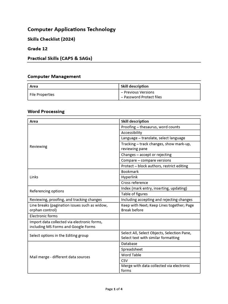 Grade 12 Computer Applications Skills | PDF | Microsoft Word | Spreadsheet