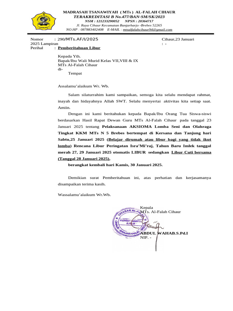 Surat Pemberihauan Libur.. | PDF