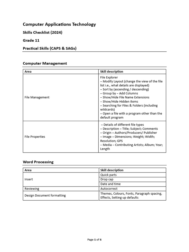 Grade 11 Tech Skills Checklist | PDF | Spreadsheet | Page Layout