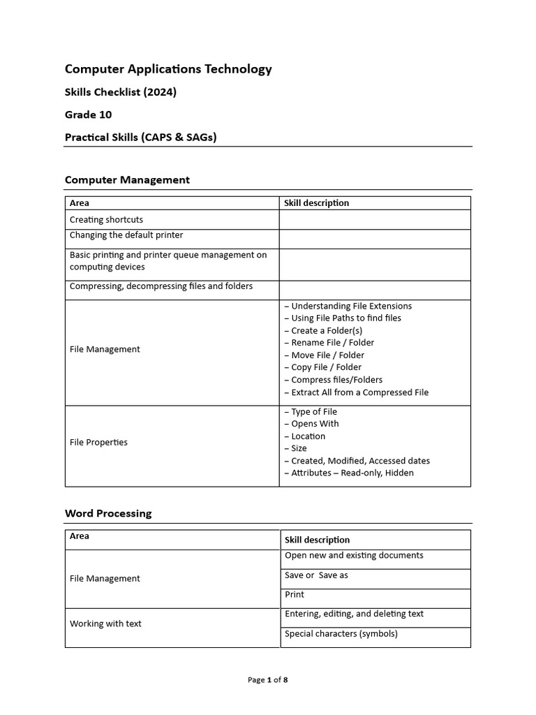CAT Grade 10 Practical Skills Checklist 2024 | PDF | Computer File | Page Layout