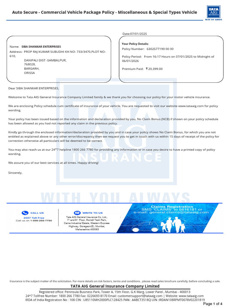 Tata AIG Commercial Vehicle Insurance Policy | PDF | Insurance | Private Law