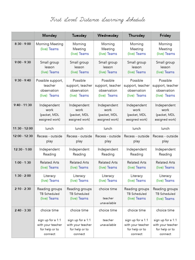 First Level Distance Learning Schedule: Monday Tuesday Wednesday ...
