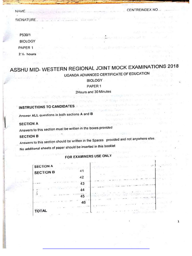 s.6 Asshu Bio 1 2018 1 Revision Past Papers | PDF
