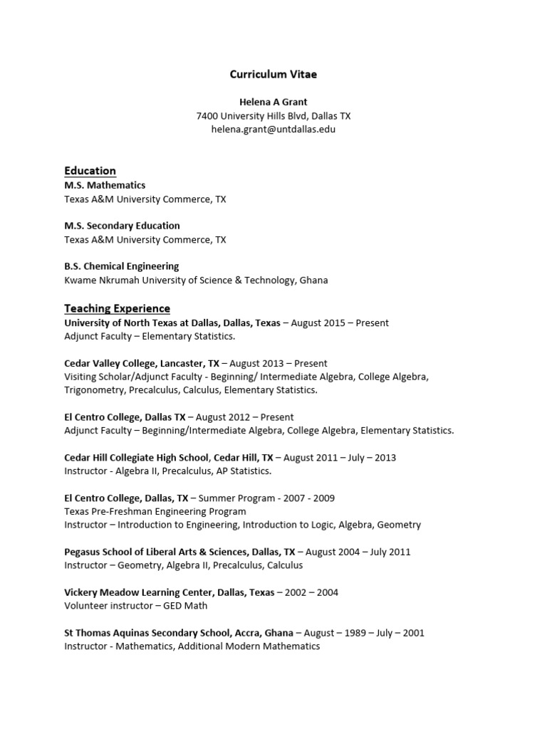 Teaching Experience Curriculum Vitae | PDF