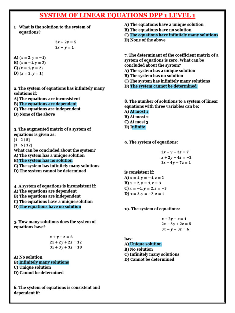 Linear Equations DPP: Solutions & Consistency | PDF | Equations | System Of Linear Equations