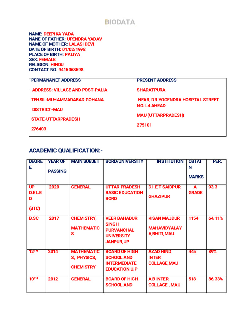 DEEPIKA YADAV BIODATA | PDF