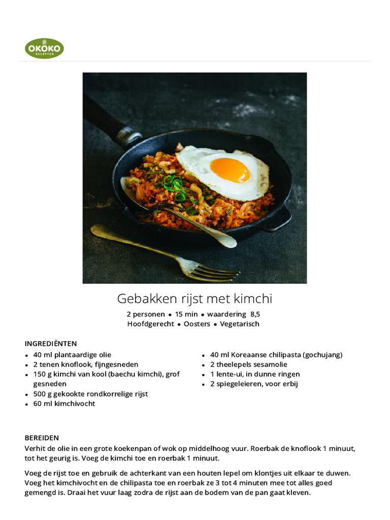 Gebakken Rijst Met Kimchi - Recept - Okoko Recepten | PDF