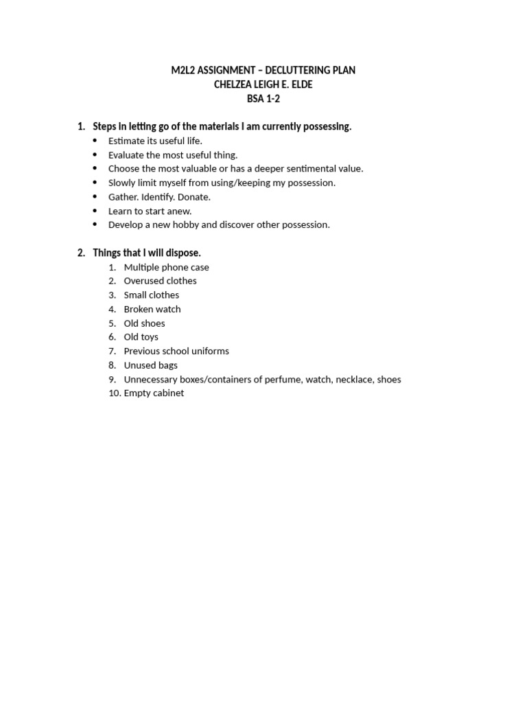 m2l2 Assignment - Decluttering Plan | PDF