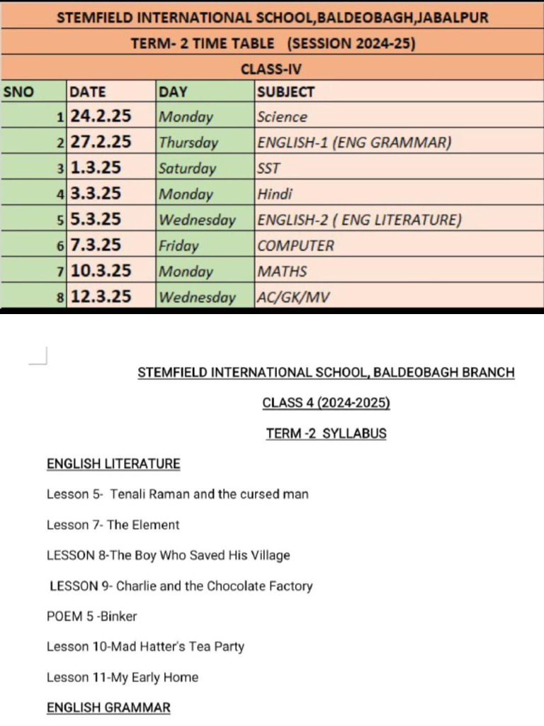 Class 4 Term 2 Time Table and Portion | PDF