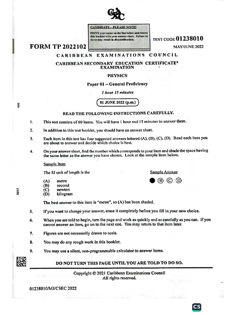 CSEC Physics MayJune P1 2022 2 | PDF