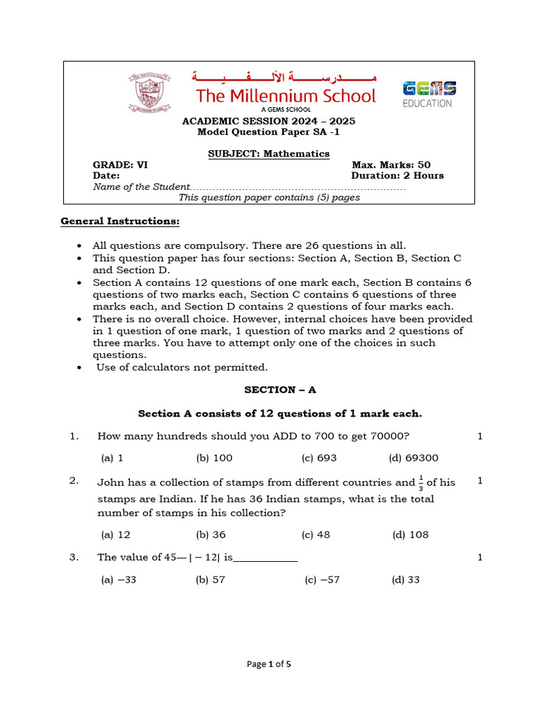 Gr6 - SA1 - MATH Model Paper - 2024 | PDF | Mathematics