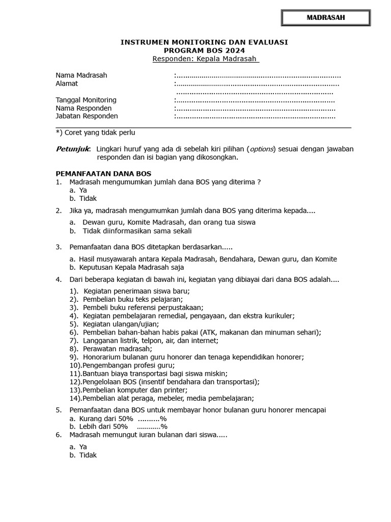 Instrumen monev BOS MTS | PDF