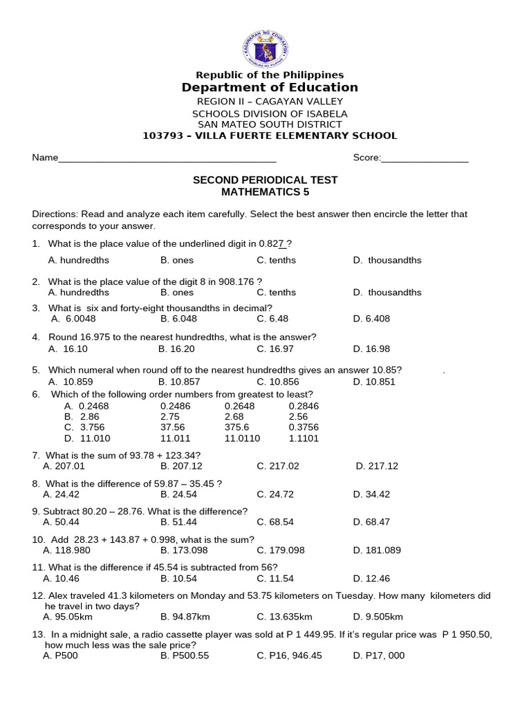 Q2 -PT-Math Grade 5 | PDF | Ratio | Arithmetic