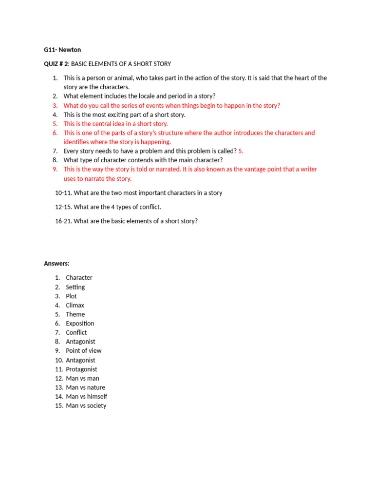 Short Story Elements Quiz Guide | PDF