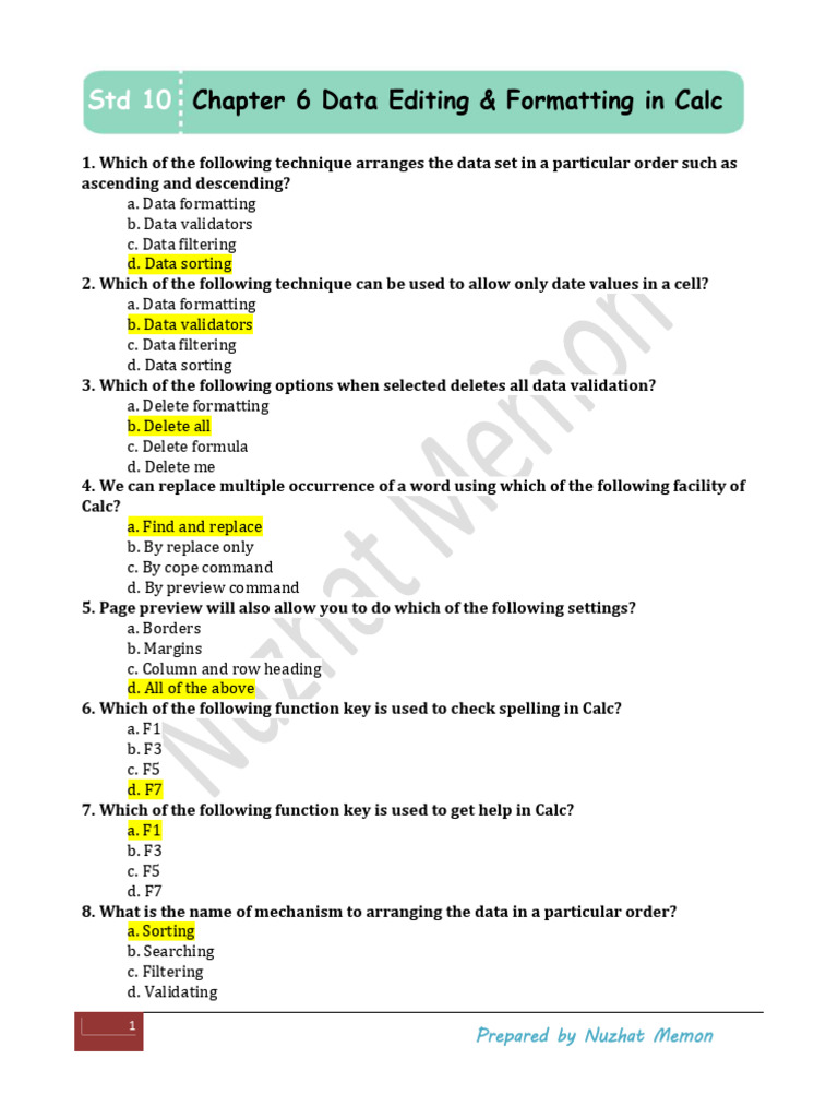STD 10 Computer Chapter 6 Data Editing and Formating in Calc | PDF