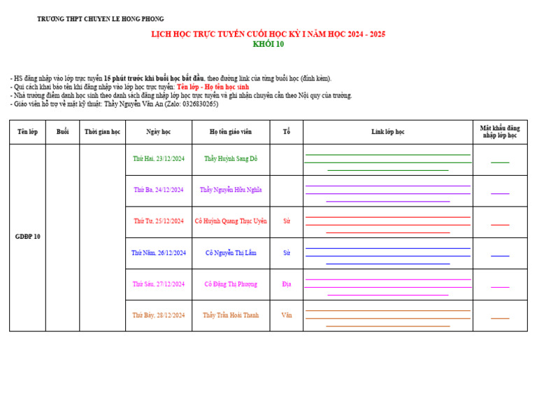24-25 Lich Hoc Cuoi Hki k10 | PDF