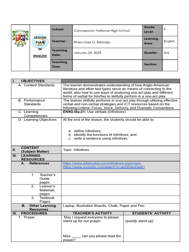 Infinitives Lesson Plan Day 5 | PDF | Verb | Learning