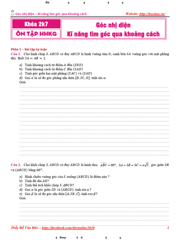 Bổ trợ - Góc nhị diện - Kĩ năng tìm góc qua khoảng cách | PDF
