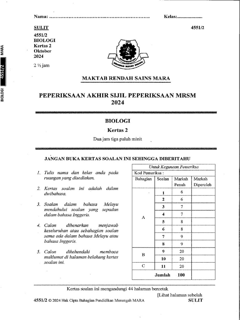 Biologi K2 MRSM-2024 | PDF