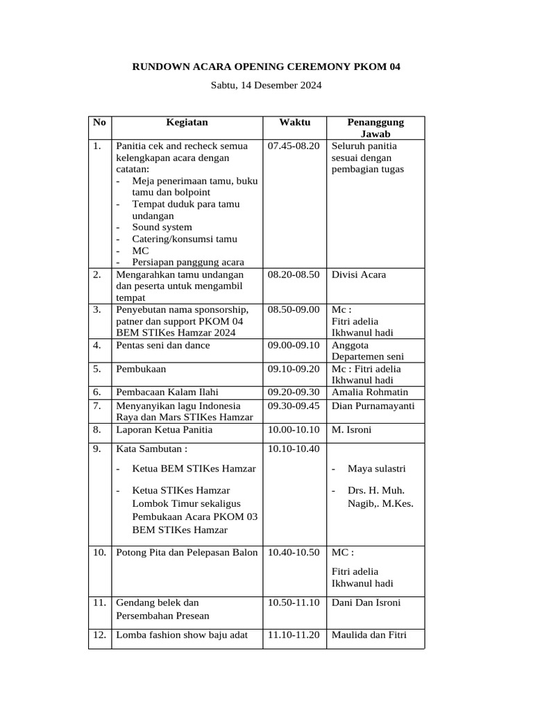 RUNDOWN ACARA OPENING CEREMONY PKOM 04Neww | PDF