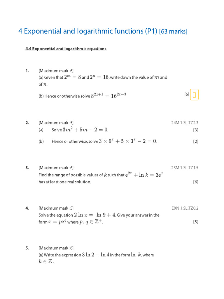 4 Exponential and Logarithmic Functions (P1) - QP | PDF | Logarithm | Combinatorics