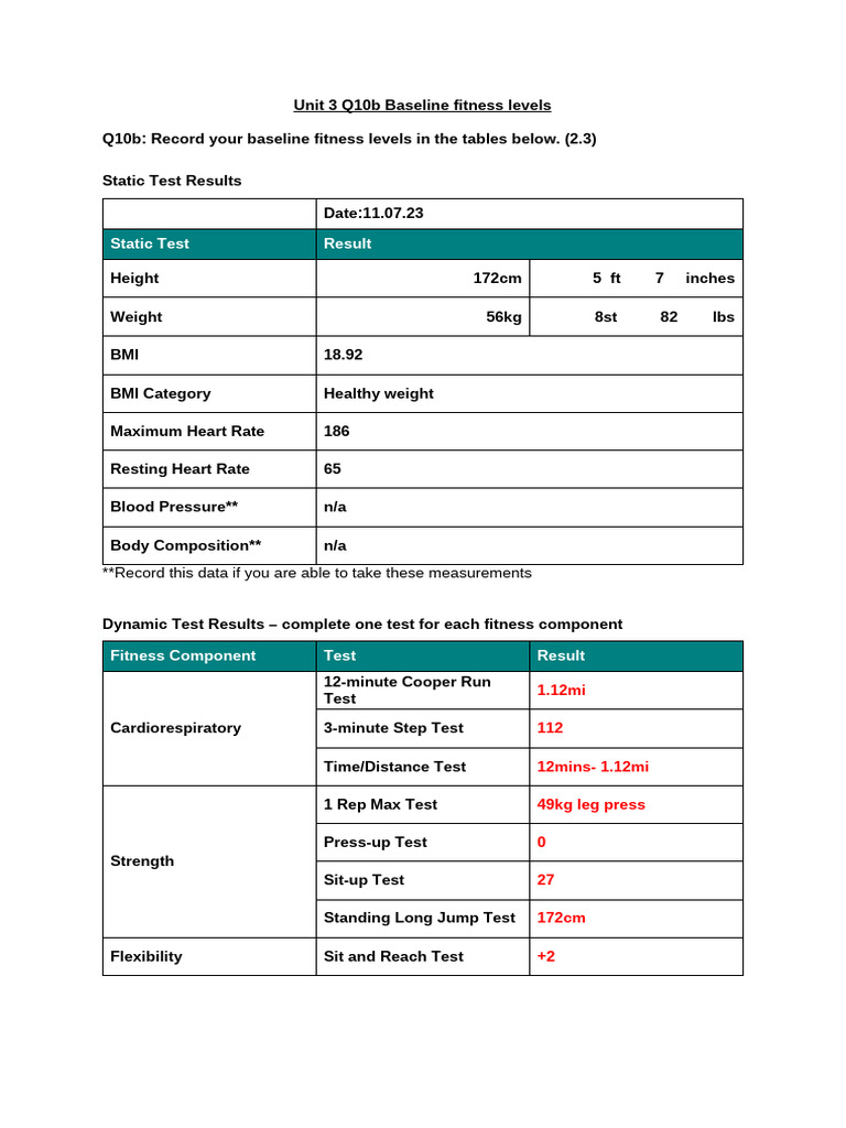 Unit 3 Q10b Baseline Fitness Levels-2 | PDF