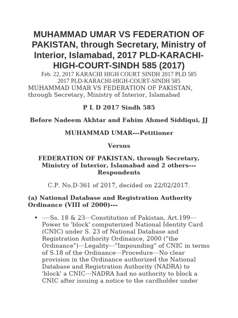 CNIC Blocking Legality: Umar v. Pakistan | PDF | Government | Justice